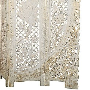 Deco 79 Wood Floral Handmade Hinged Foldable Arched Partition 4 Panel Room Divider Screen with Intricately Carved Designs, 60" L x 2 "W x 72"H, White