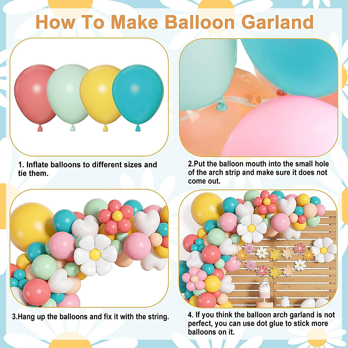 161pcs Daisy Balloon Garland Arch Kit, Pastel Groovy Flower Party Decorations with Pink Yellow Orange Blue Green Daisy Banners for Baby Shower Daisy Retro Hippie Two Groovy Boho Birthday Party Decor