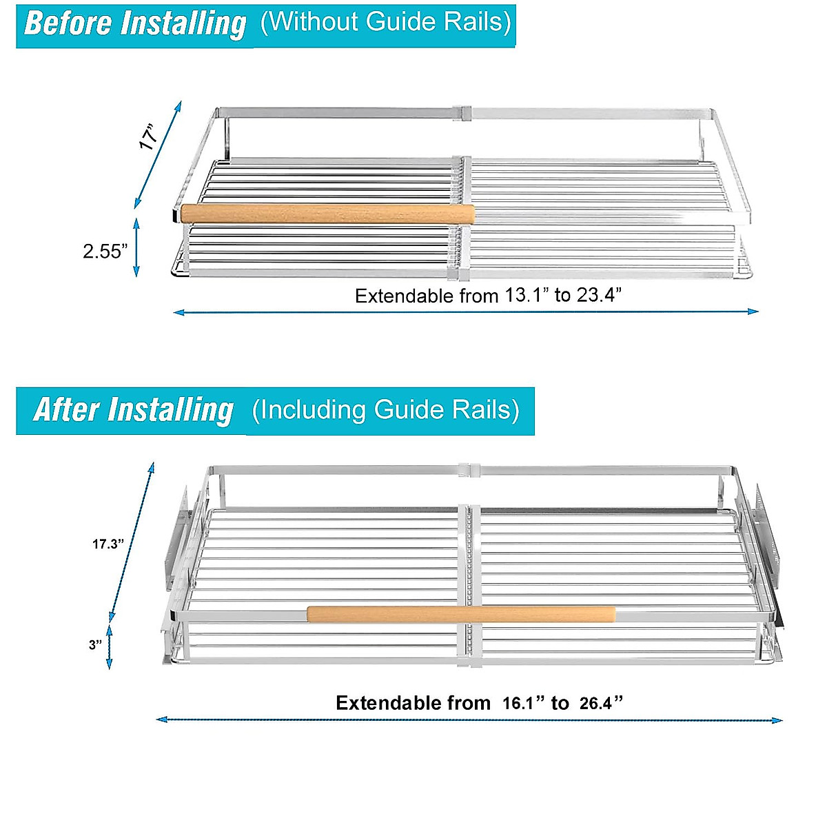 iPEGTOP Pull Out Cabinet Drawer Shelf Organizer, Extendable Sliding Slide Out Pantry Shelves Storage Heavy Duty for Kitchen Cabinets Under Sink, Adjustable Width 16.1~26.4" W x 17.3" D