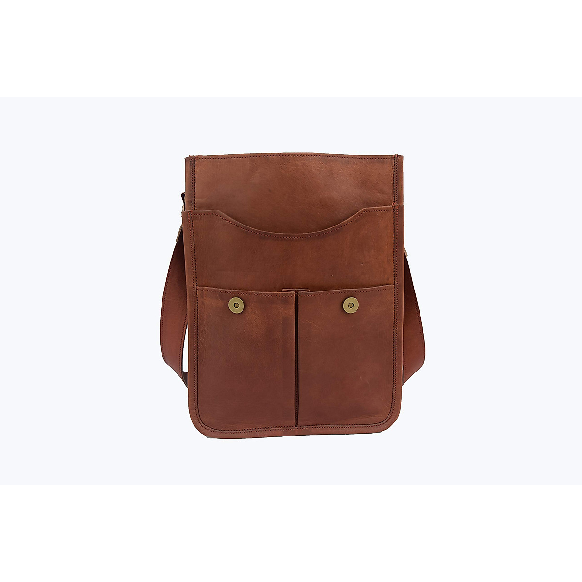 Genuine Vintage Leather Crossbody Messenger Bag, Slim Vertical Messenger Bag Fits 13 Inch Laptop, Unisex Shoulder Bag with Adjustable Straps and Brass Accessories, Brown