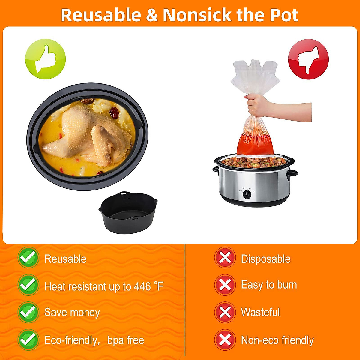 Horuhue Silicone Liners Fit for Crock Pots/Slow Cookers 7-8 Quart, Slow Cooker Divider Insert Compatible for Crockpot Liner, Reusable/BPA Free/Leakproof/Cooking Accessories for Oval Crockpots