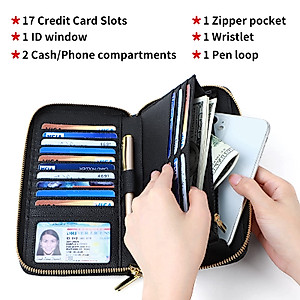 Seammer Women's RFID Blocking Leather Zip Around Wallet Clutch Large Phone Holder Wristlet Travel Purse (Black)