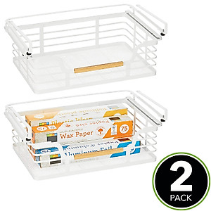 mDesign Metal Wire Wide Under Shelf Storage Baskets for Kitchen Pantry, Closet, Hanging Pull Out Shelving Bin, Sliding Hanger Rack for Bread, Canned Goods, Food, 2 Pack, Matte White/Natural
