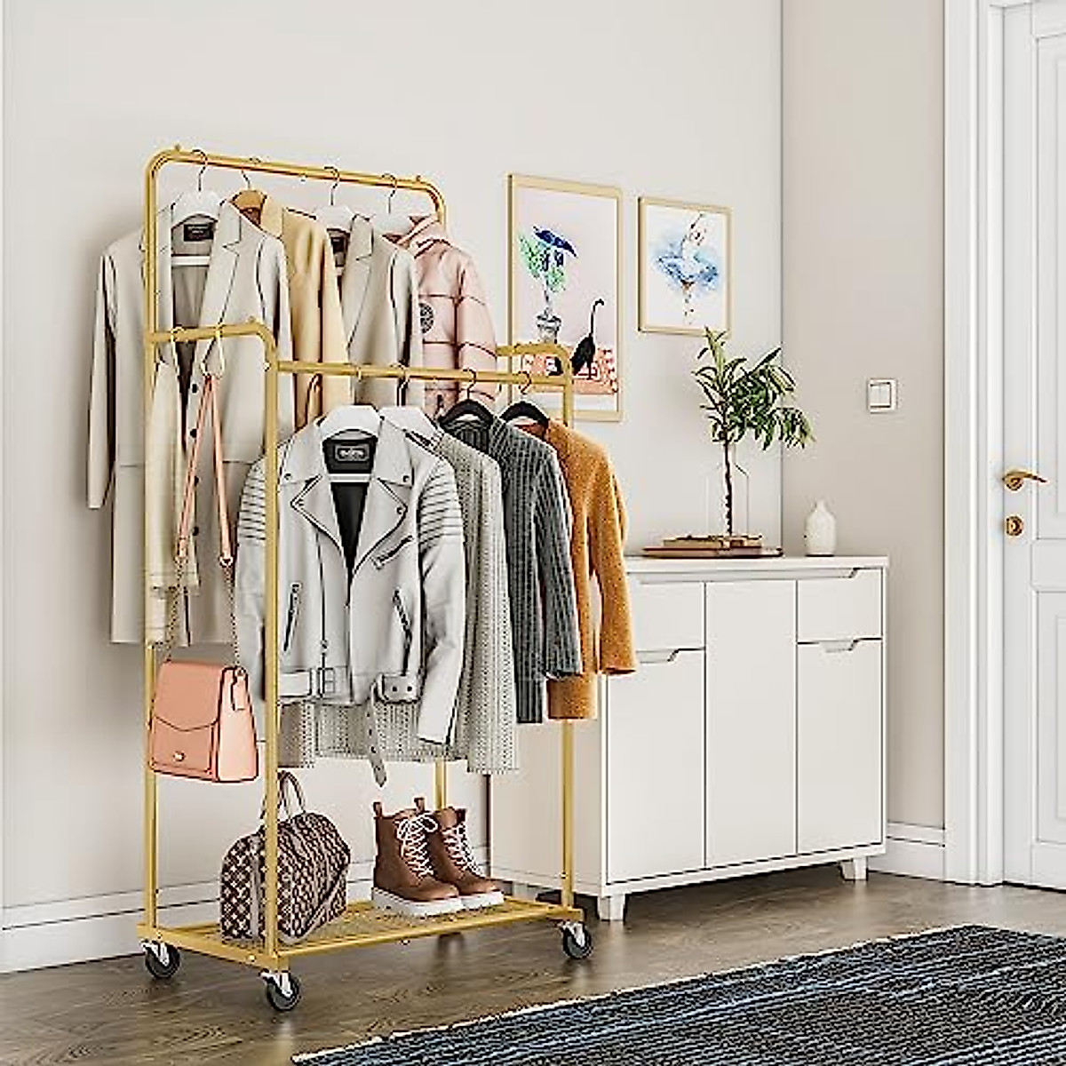 Ekisemio Double Rod Rolling Clothes Garment Rack, Heavy Duty Clothing Rolling Rack on Wheels for Hanging Clothes,with 4 Hooks, Gold