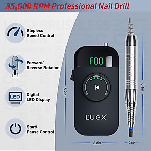 L&#039;UGX Nail Drill 35000RPM Professional Brushless Electric Nail Drill Machine, Rechargeable Cordless Nail Efile for Acrylic Gel Nails, 8Pcs Nail Drill Bits, Low Noise Low Vibration