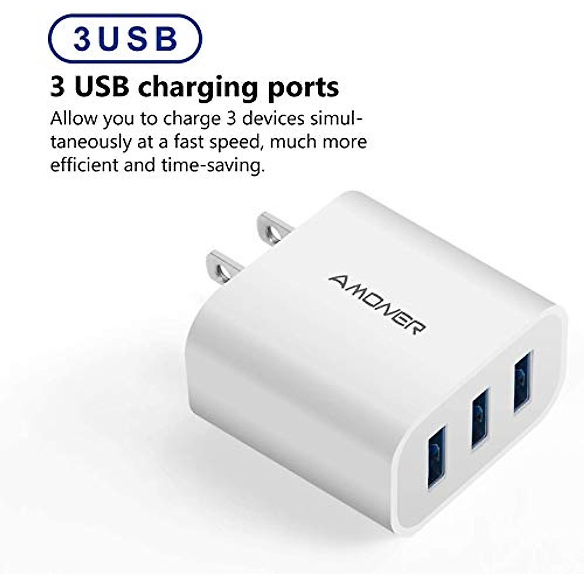 USB Wall Charger, Amoner 2Pack 15W 3-Port USB Plug Cube USB Cube Power Adapter for iPhone 14/13/12/11/Pro/ProMax/Xs/XR/X/8, Galaxy S22 S21 and More