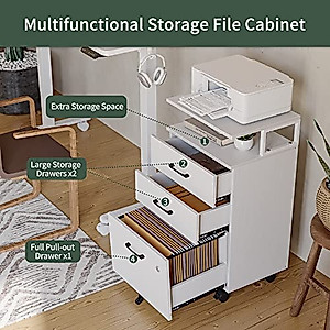 FEZIBO File Cabinet with Lock for Home Office, 3-Drawer Rolling Filing Cabinet, Home Office File Cabinet for A4/Letter/Legal Size, Printer Stand, Wooden Storage Cabinet, White