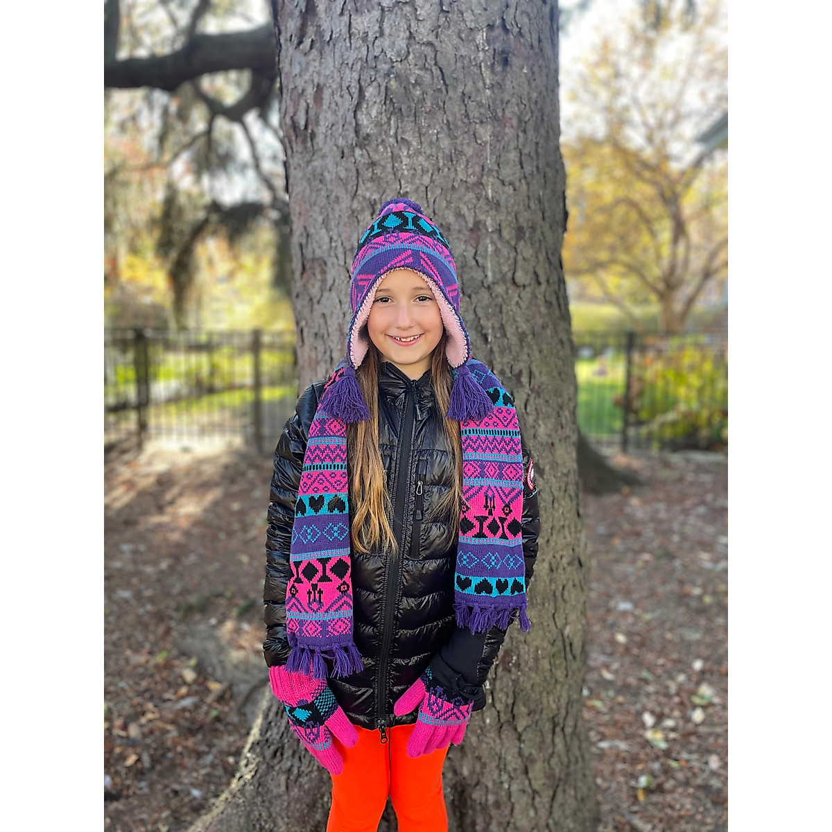 N'Ice Caps Kids Hat Glove Scarf Girls Winter Knit Accessory Set Warm Sherpa Lined 3 Piece (8-12 Years, purple/turq/fuchsia/black)