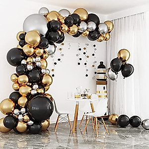 RUBFAC 137pcs Black Gold and Silver Balloon Garland Arch Kit, Metallic Gold Chrome Silver Balloons for Graduation, Birthday and New Year Party Party Decorations