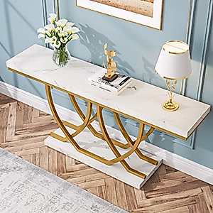 Tribesigns 59 Inch Modern Console Table, Faux Marble Entryway Table Gold Sofa Table Behind The Couch, Luxury Hallway Table Accent Table for Living Room, Entrance, Foyer, White and Gold