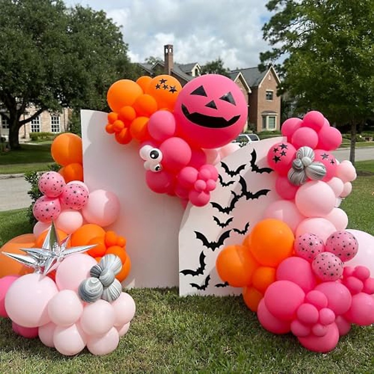 Jobkoo Halloween Balloon Arch BOO Halloween Decor Ghost Star Foil Balloons Pink Orange Latex Balloon Garland Kit 3D Bat Sticker for Kids Happy Halloween Themed Baby Shower Birthday Party Decoration