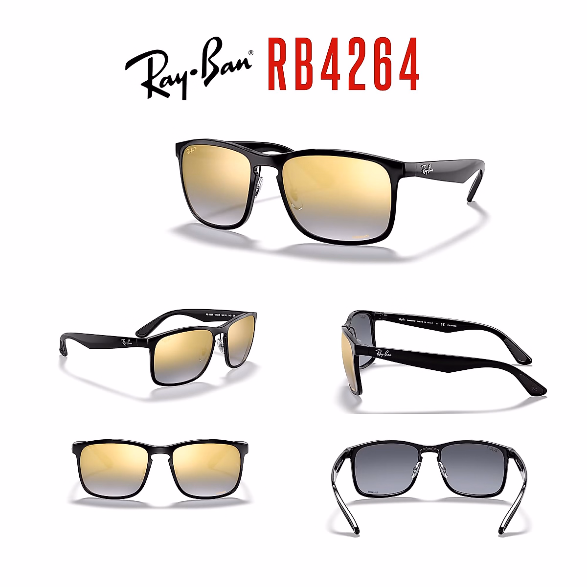 Ray-Ban RB4264 601/J0 58M Black/Blue Mirror Gold Gradient Polarized Rectangular Sunglasses For Men For Women + BUNDLE with Designer iWear Care Kit