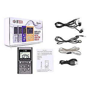 BTECH MPR-AF1 AM FM Personal Radio with Two Types of Stereo Headphones, Clock, Great Reception and Long Battery Life, Mini Pocket Walkman Radio with Headphones (Silver)