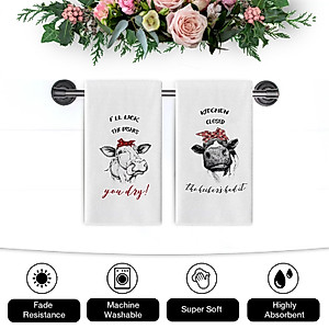 Seliem Funny Farm Cow Kitchen Dish Towel, Kitchen Closed The Heifers Had it I’ll Lick The Dishes You Dry Sign Tea Bar Hand Drying Cloth, Country Farmhouse Fun Animal Decor Home Decorations 18” x 26”