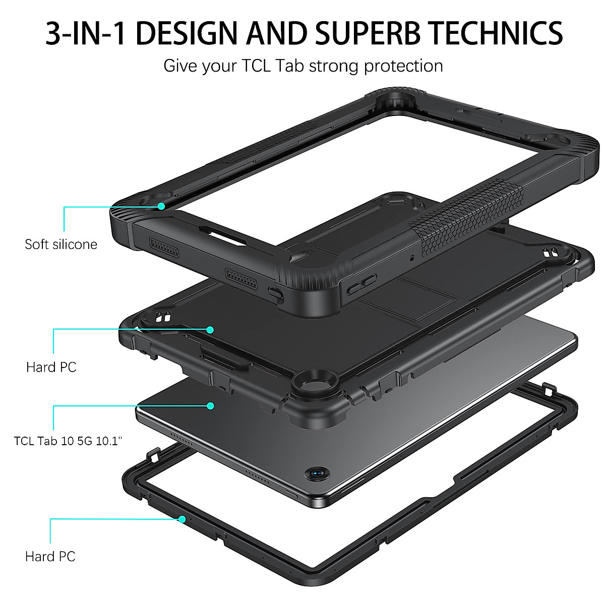 DUEDUE for TCL Tab 10 5G 10.1" Tablet Case, 3 in 1 Hybrid Shockproof Silicone Gel Protective Tablet Cover with Kickstand for TCL Tab 10 5G 9183W(2022 Release), Black