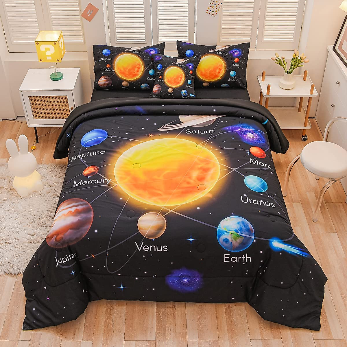 Tasselily Twin Size Comforter Sets for Boys, Space Bedding Set Twin Bed in a Bag, 6 Pcs Universe Planet Galaxy Comforter Set with Sheets