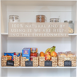 Set of 4 Handwoven Water Hyacinth Storage Baskets - Organizer Wicker Baskets for Shelves with Clip on Chalkboard Labels and Chalk Markers