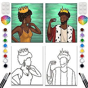 2 Pack Paint and Sip Canvas Painting Kit Pre Drawn Canvas for Painting for adults Stretched Canvas Couples Games Date Night Afro King Queen Paint Party Supplies Favor (8x10)