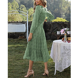 kimralur Womens Casual Long Sleeve Midi Fall Dress Crew Neck Boho Floral Print Smocked Ruffle Tiered Flowy Long Dress