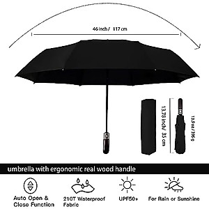 ALFROTEY Compact Travel Umbrella with Real Wood Ergonomic Handle Portable Automatic Open and Close Windproof Umbrella for Rain Small Folding Car Umbrella (Black, M)