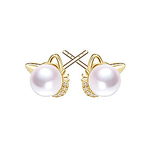 Gold Plated Freshwater Pearl Stud Earrings Cute Cat Earrings for Women Gift