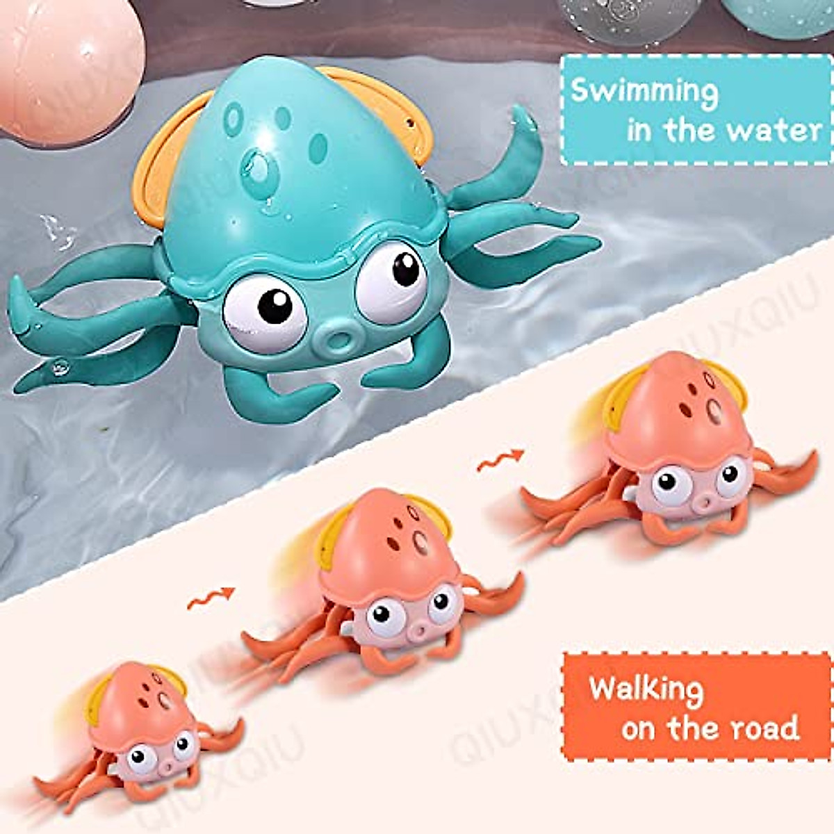 QIUXQIU Baby Bath Toys Crawling Toy Wind up Octopus Water Toy Toddlers Swimming Floating Playing Paddling Set in Bathroom Beach Pool Water Playset for Boys and Girls (Orange)
