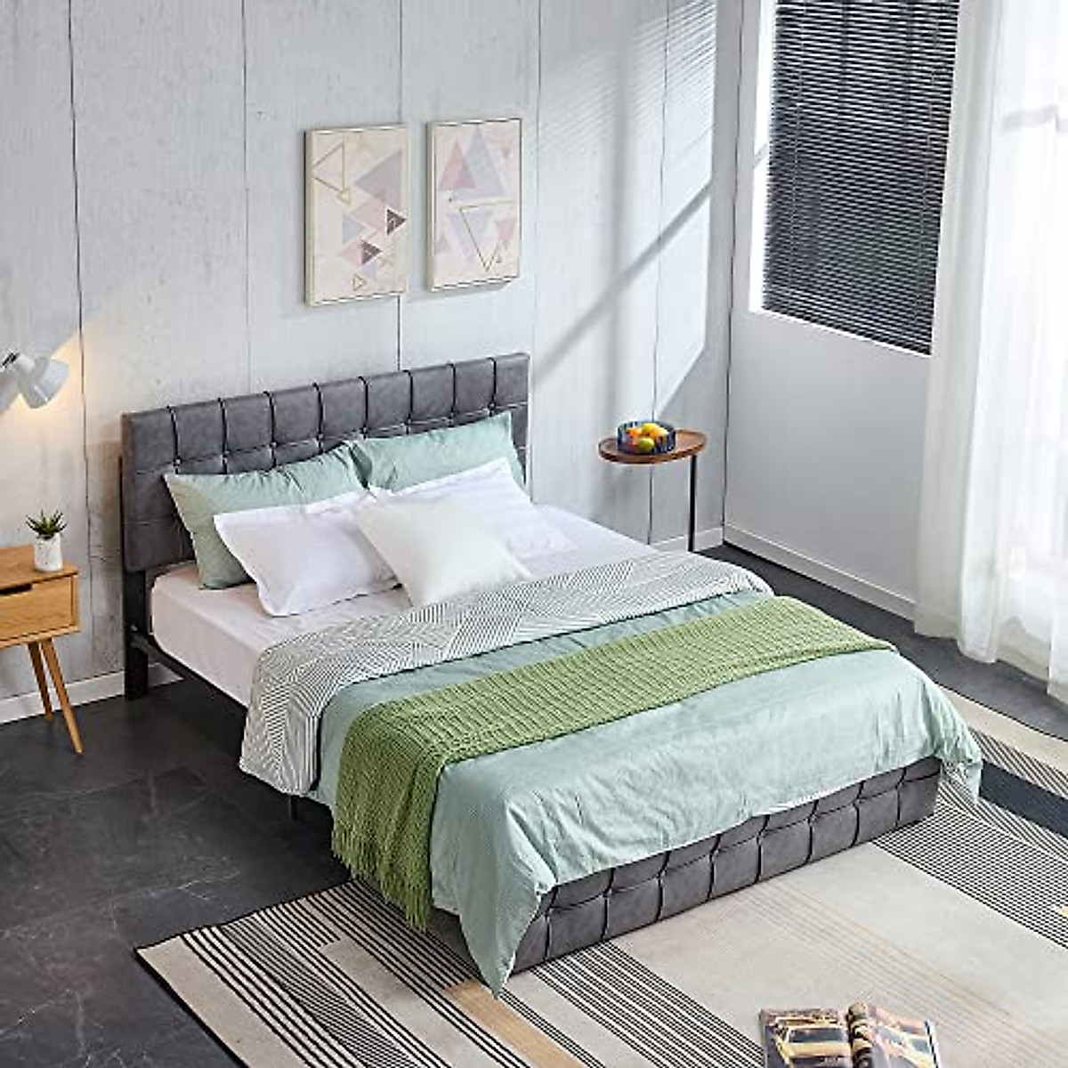 Oudiec Modern Upholstered Queen Size Bed Frame with Adjustable Headboard,Heavy Duty Button Tufted Bed Frame with Wood Slat Support for Dorm,Bedroom,Guest Room, Grey