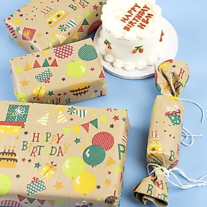 RUSPEPA Kraft Wrapping Paper Roll - Birthday Party Pattern - 30 Inches x 100 Feet