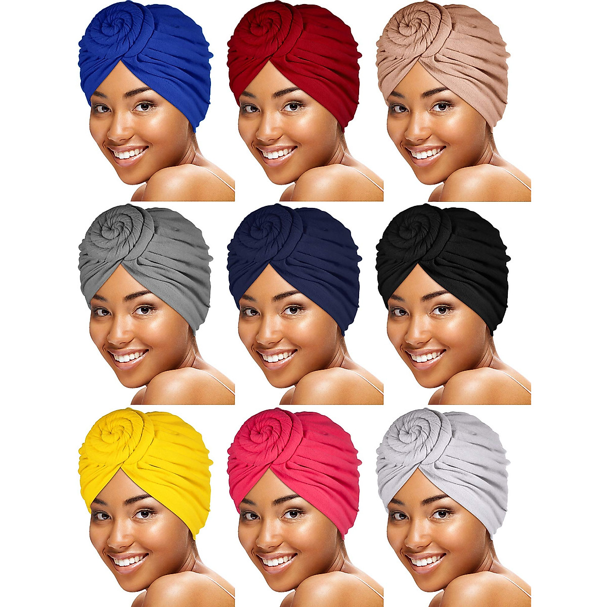 SATINIOR 9 Pieces Women Knotted Turban Hat African Turban Beanie Pre-Tied Bonnet Cap Headwrap Multicolor