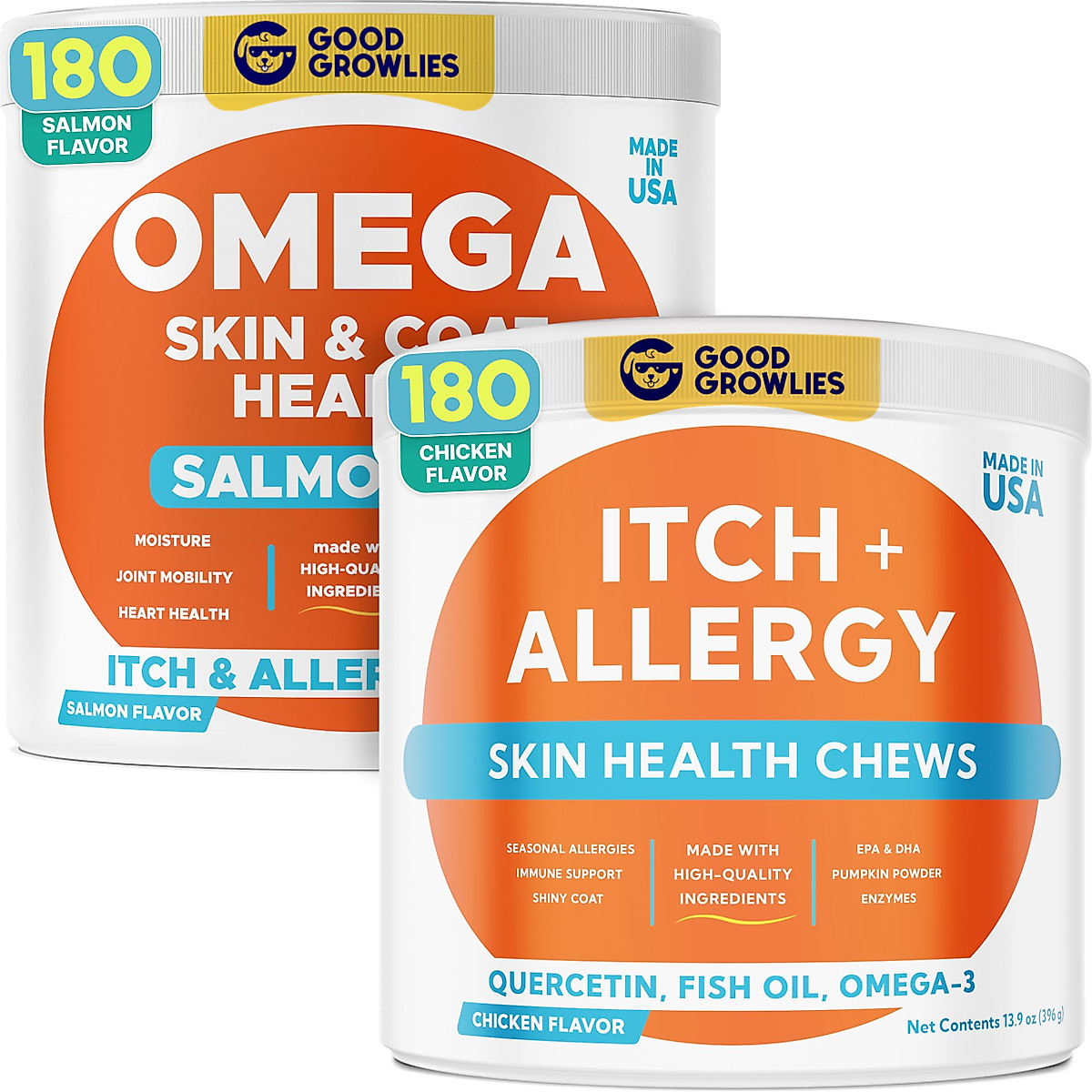Omega 3 + Dog Allergy Bundle - Skin & Coat Supplement + Itchy Skin Relief Chews - Omega 3, EPA&DHA Fatty Acids - Allergy Support, Itching & Licking Relief - Skin & Coat Care - 360 Chews - Made in USA