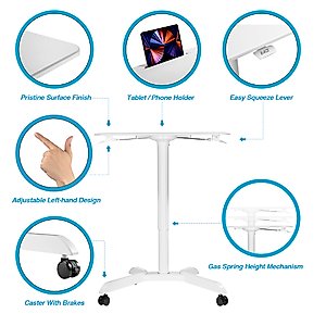 AVLT 44" Ambidextrous Pneumatic Laptop Standing Desk Cart (3 ft 8 in) - Mobile Rolling Desk - Computer Projector Cart - Rolling Height Adjustable Folding Desk - Mobile White Cart with Brake