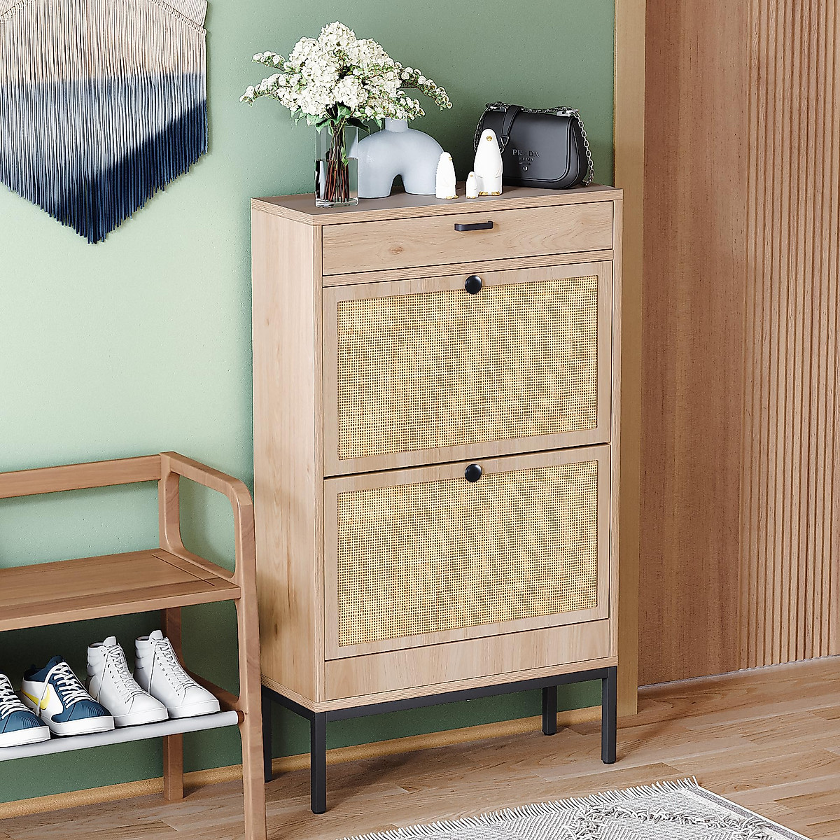 Yechen Shoe Rack Storage Organizer with 2 Natural Rectangular Rattan Doors, Entryway Wooden Shoe Cabinet for Sneakers, Leather Shoes, High Heels, Slippers (1 Piece, Oak)