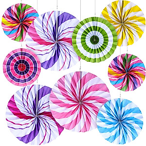 Outus 9 Pcs Candyland Hanging Paper Fans Decorations Candy Party Classroom Decoration Colorful Peppermint Candy Paper Fan Ceiling Wall Garland for Candyland Themed Birthday Halloween Party Supplies