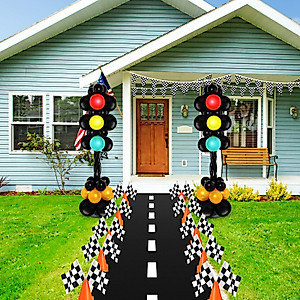 WinnerWhy 179 Pcs Racing Birthday Party Decorations Includes 141 Traffic Lights Balloon Stand Set 12 Traffic Cones 24 Racing Waving Flags 1 Grid String Flags 1 Racetrack Floor Runner