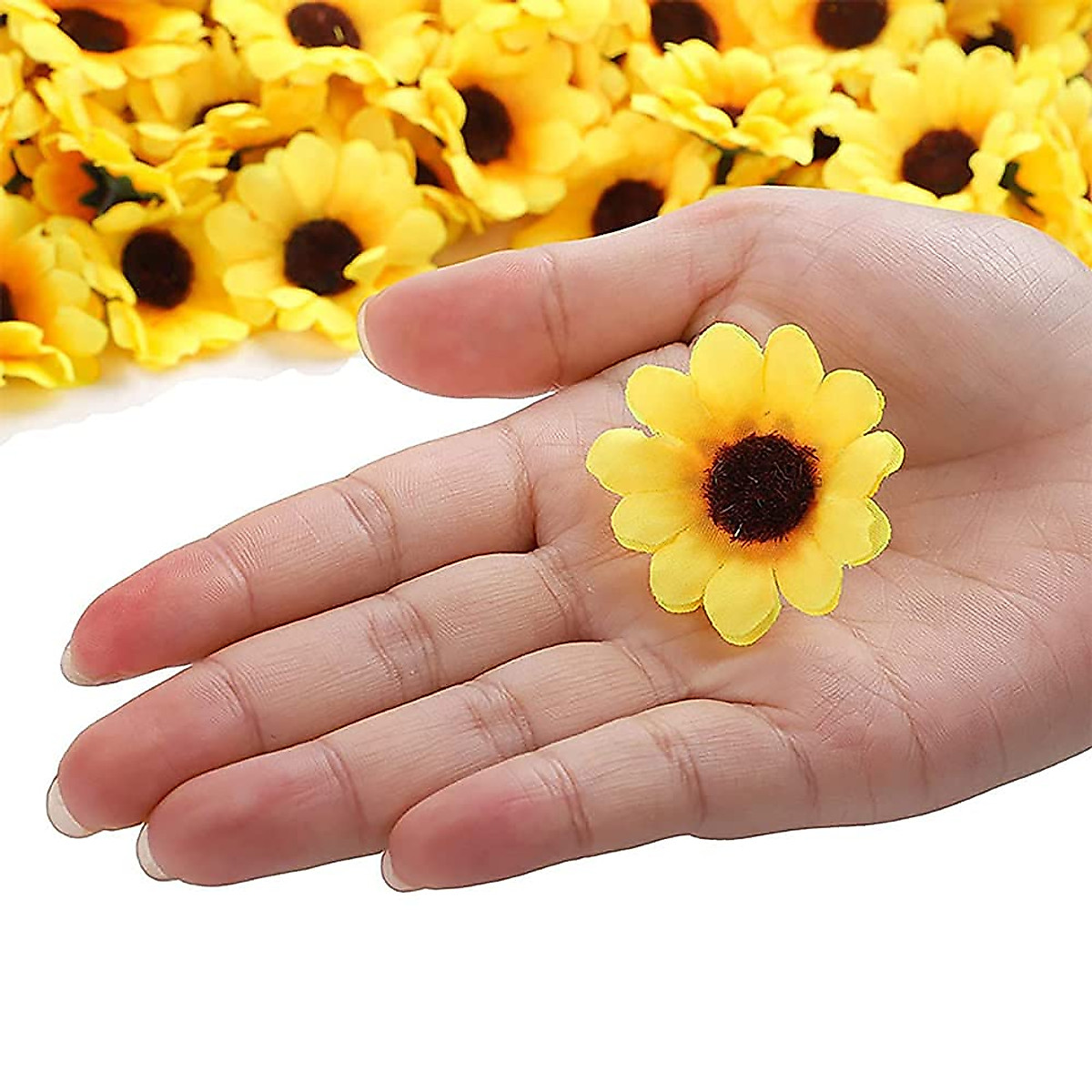 Faym 100pcs Artificial Silk Yellow Sunflower Artificial Sunflower Heads HeadsFabric Floral for Home Decoration Wedding Decor Bride Holding Flowers Garden Craft Art Decor