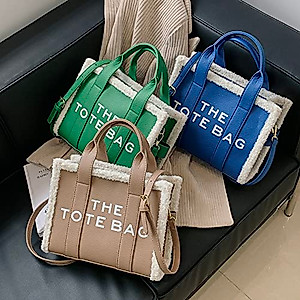 NEGBIU Tote Bag for Women, PU Leather Tote Bag with Lamb Wool, Crossbody Handbag for Travel/Work（11 * 8.26 * 4.3in