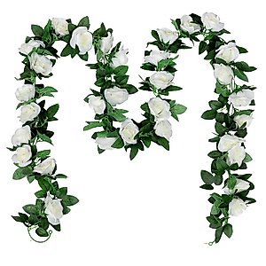 GIZIUXNE 2PCS Artificial Flowers Fake Roses Vine Plants Garland Hanging for Home Party Wedding Arch Garden Hotel Office Decor 15FT (White)…