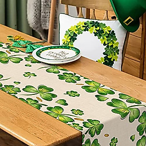 Seliem St. Patrick's Day Shamrock Clover Bushes Table Runner, Gold Coins Green Heart Kitchen Dining Table Decor, Irish Spring Burlap Home Decoration Indoor Outdoor Holiday Party Supply 13 x 72 Inches