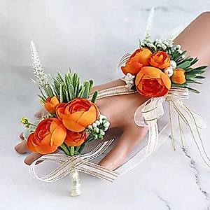 Easin 2Pcs Boutonniere Buttonholes and Wrist Corsage Wristband Roses Wrist Corsage, Groom Groomsman Best Man and Girl Brides Rose Wedding Flowers Accessories Prom Suit Decoration (Orange)