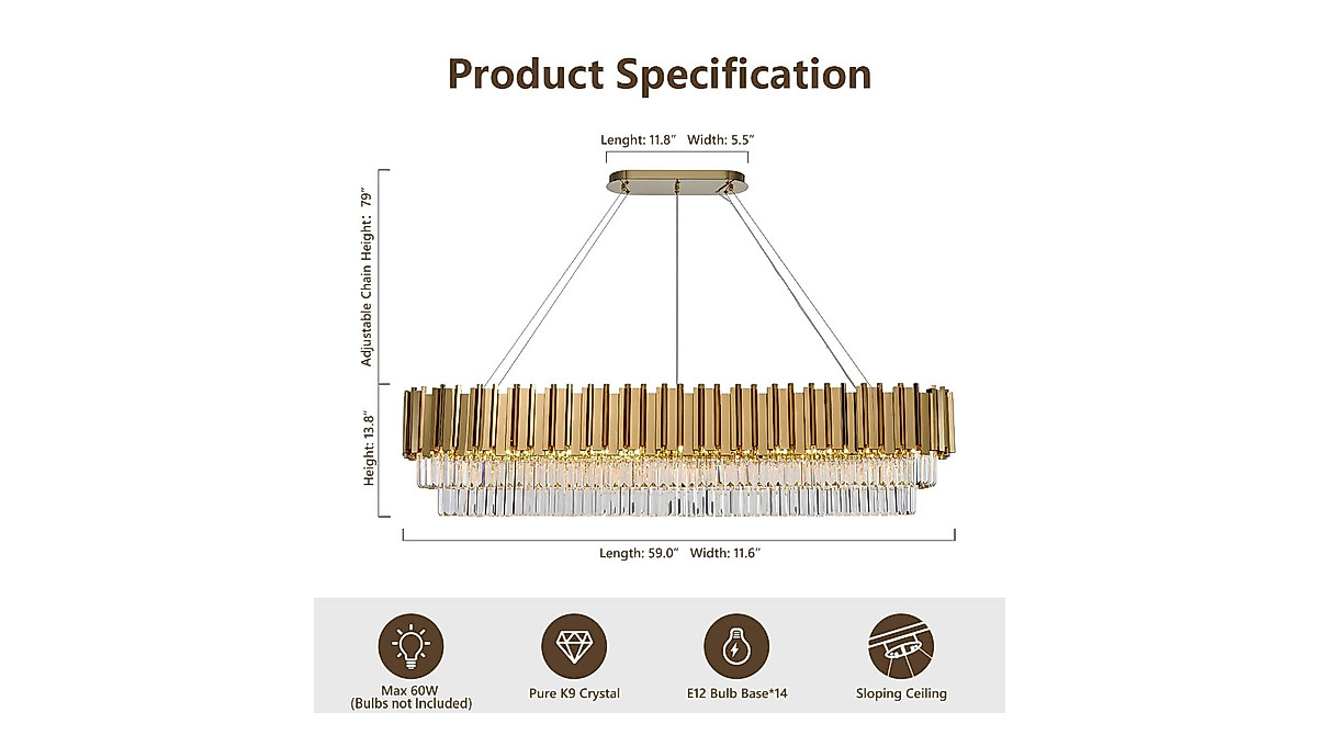 LIZZTREE Gold Linear Crystal Chandelier - Modern Ceiling Light Fixture