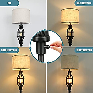 Farmhouse Floor Lamp with Night Light, Black Standing Lamp for Living Room, Vintage 2-Light Tall Lamp with Fabric Drum Shade, Industrial Pole Light with E26 Edison Base for Bedroom Home Decor