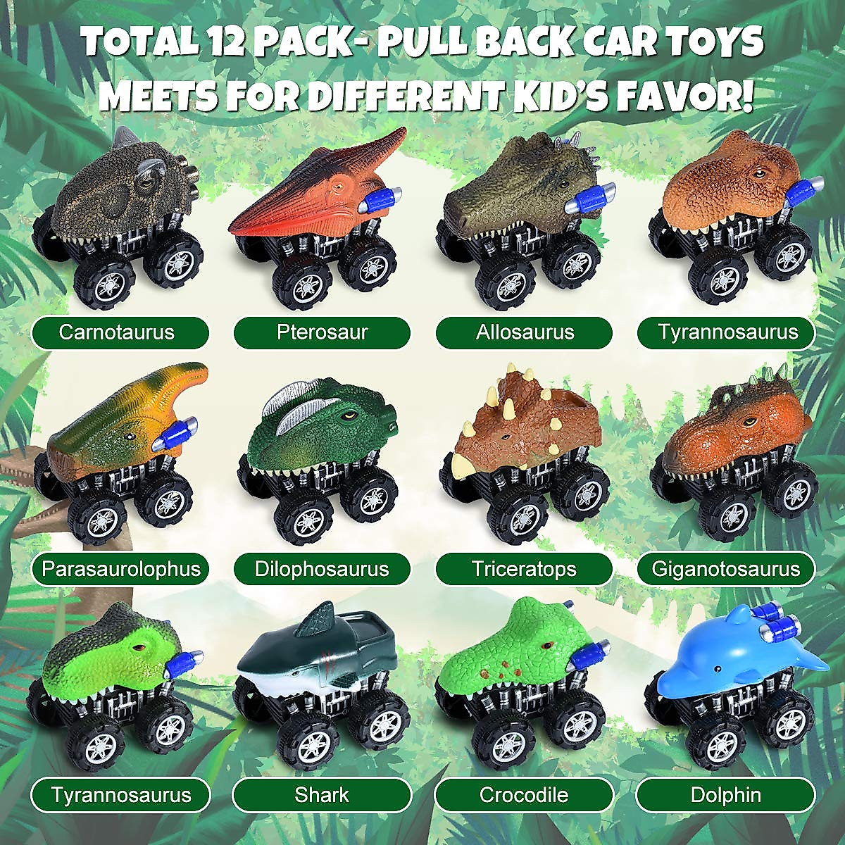Dinosaur Pull Back Cars for Kids 12 Pack, Dino Toy Cars Creative Gifts for Toddlers, Birthday Party Toys for 6-8 Boys and Girl (12PCS-1)