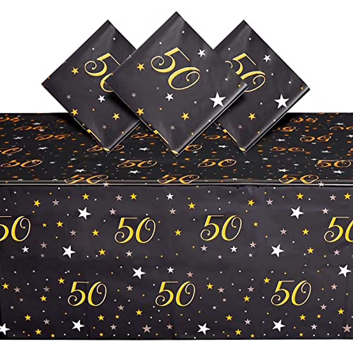 Juvale 3 Pack 50th Birthday Tablecloth for Party Decorations, Plastic Table Covers for Anniversary (Black, Gold, 54 x 108 in)