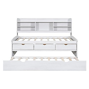 SIYSNKSI Twin Size Captain Bed with 3 Storage Drawers and Trundle, Versatility Wooden Daybed Sofa Bed with Built-in Bookshelves for Living Room Bedroom Office Guest Room, No Box Spring Needed