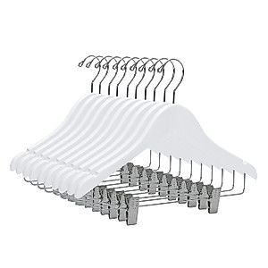 Quality Hangers 20 Pack Kids Skirt Hangers 14 Inches - Junior Preteen Youth Wooden Clothes Hanger with Curved Shoulder Swivel Chrome Hook Adjustable Metallic Clips & Nonslip Notches (White, 20)