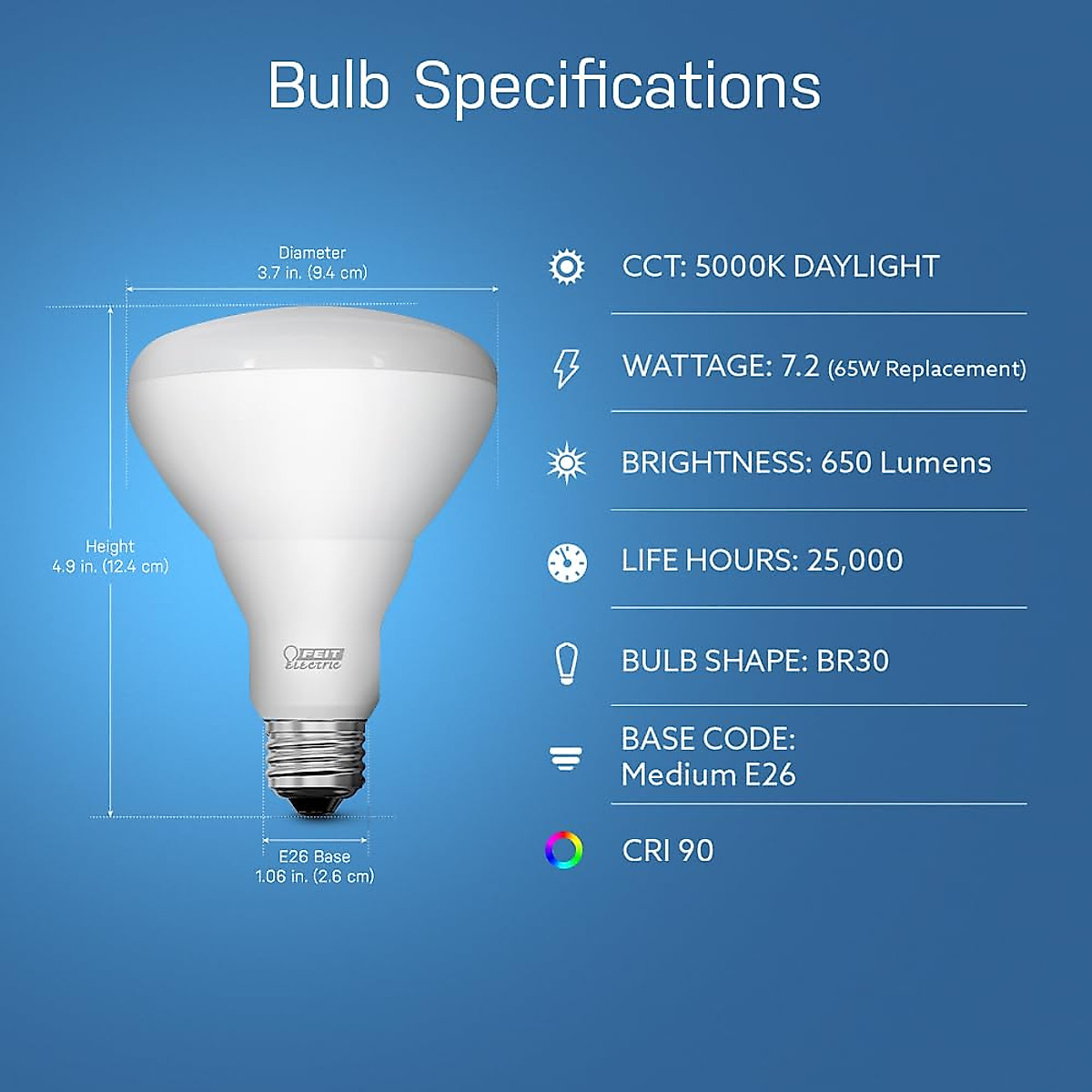 Feit Electric LED BR30 Bulbs, 65W Equivalent, 7.2W LED, 650 Lumens, Dimmable, 5000k Daylight, E26 Base, 22 Year Lifetime, Flood Light Bulbs, 1 Pack, BR30DM/950CA