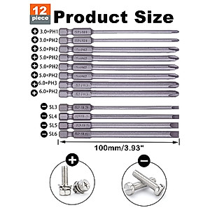 Rocaris 12 Pack 1/4 Inch Hex Shank Long Magnetic Screwdriver Bits Set 4 in Power Tools (Slotted+Cross Head)