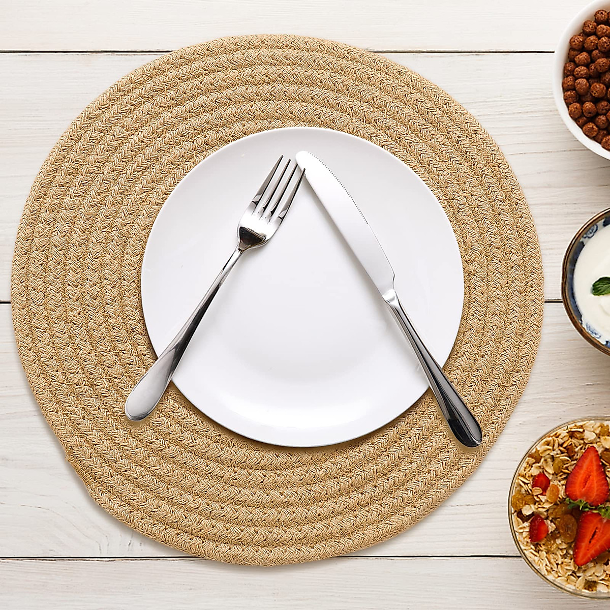 Amidaky Round Cotton Placemats Set of 4 Woven Place Mats 12 inch Washable Table Mats for Round Dining Table Jute