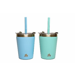 ELEFANT Kids & Toddler Cups (SET of 2), Stackable Stainless Steel Insulated Tumblers with BPA FREE Leak Proof Lids and Reusable Silicone Straws, Elegant, Powder Coated (BLUE + TURQUOISE)