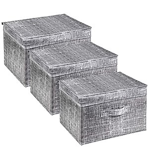 OBewe Foldable storage box Lid storage bin With handle storage box fabric container storage basket Convenient storage pack of 3 Suitable for home bedroom office(Gray, Medium)